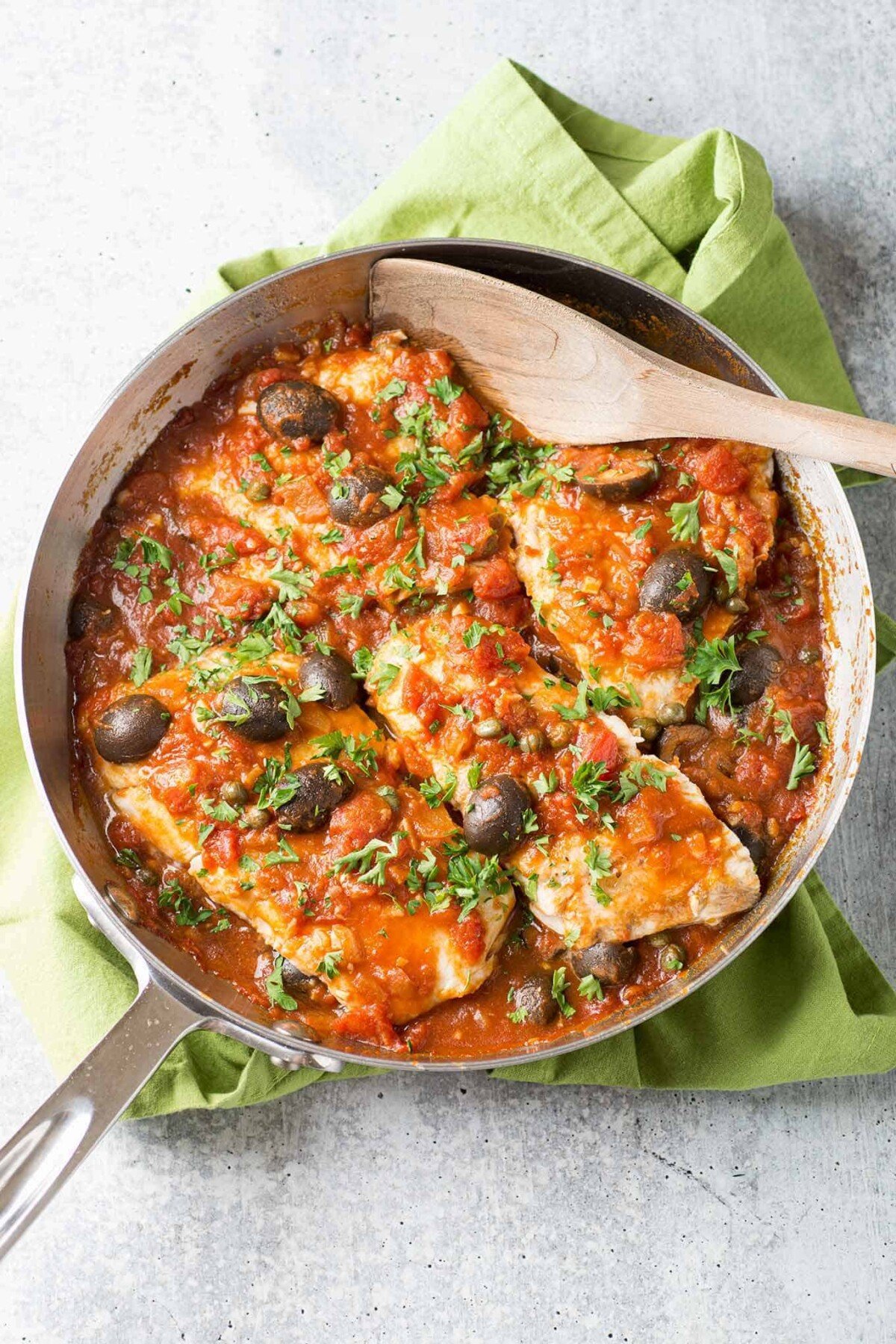 Fish Puttanesca (Fish Fillets Simmered in Classic Italian Sauce)