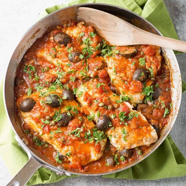 Fish Puttanesca (Fish Fillets Simmered in Classic Italian Sauce)