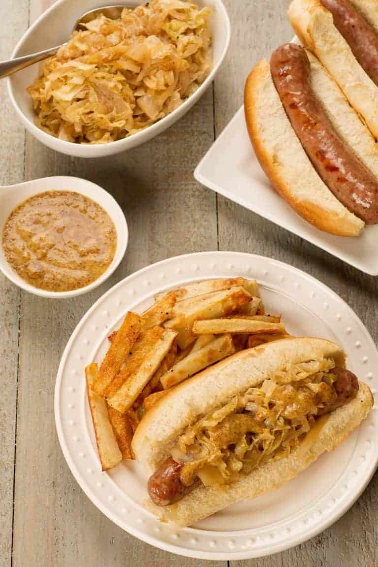 Grilled Bratwurst with Onions and Cabbage